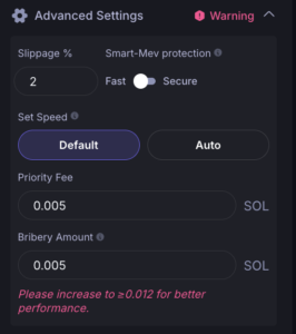 Photon Sol Best Settings and Fees: Slippage, Priority Fee, and Bribe Fee | Solana Leveling